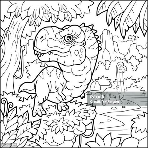 만화 선사 시대 공룡 티라노사우루스 어린이를위한 색칠 공부 책 개요 삽화 귀여운에 대한 스톡 벡터 아트 및 기타 이미지 귀여운 쥬라기 공룡 Istock