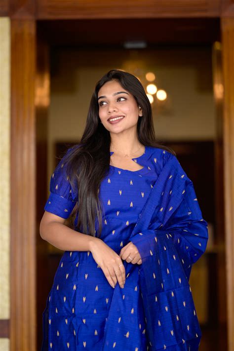 Varahi Royal Blue Slub Silk Suit Set In Blue And Gold Colour Comb
