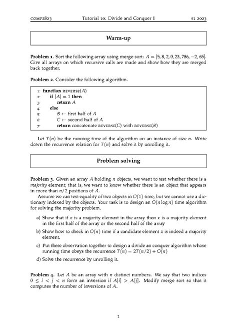 Week 10 Divide And Conquer 1 Comp2823 Tutorial 10 Divide And