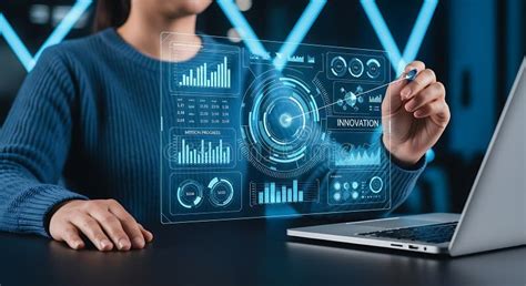 Woman Interacting With Futuristic Holographic Interface Displaying Data Visualizations Stock
