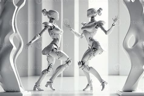 Two Female Robots Dancing Couple Or Friends Artificial Intelligence
