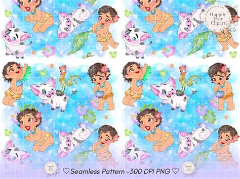 Watercolour Moana Seamless Pattern Cute Moana Digital Paper Png 300