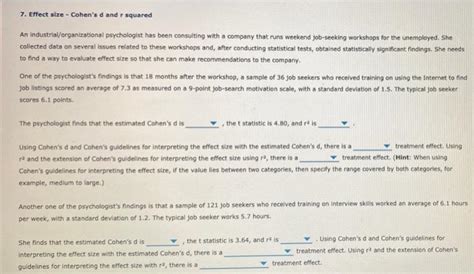 Solved 7 Effect Size Cohen S D And Squared An Chegg Com