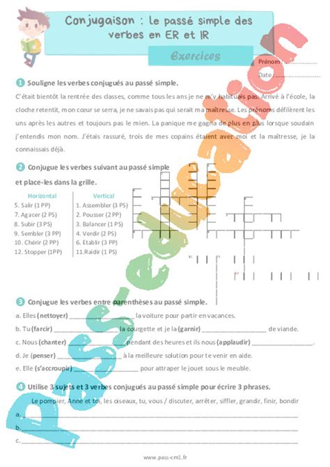 Le passé simple des verbes en ER et IR Exercices de conjugaison ème Harmos Cycle PDF