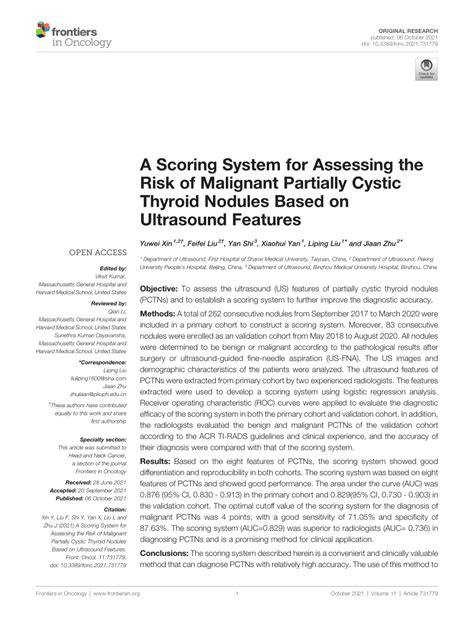 Pdf A Scoring System For Assessing The Risk Of Malignant Partially Cystic Thyroid Nodules