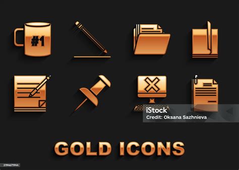 푸시 핀 파일 문서 및 종이 클립 키보드 X 표시가 있는 컴퓨터 빈 노트북 펜 문서 폴더 커피 컵 플랫 및 연필 지우개 선 아이콘을 설정합니다 벡터 개념에 대한 스톡 벡터