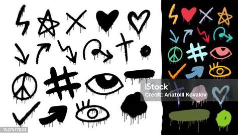 낙서 스프레이 패턴의 큰 컬렉션 화려한 상징 미소 하트 스프레이 질감의 점 및 스트로크 배너 장식 포스터 거리 예술 및 광고를위한 검은 색과 색상의 디자인 요소 스프레이