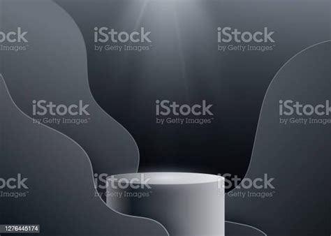 위의 스포트라이트 라이트와 웨이브 모양의 3d 블랙 포디움 벡터 배경 둥근 받침대가 있는 사실적인 어두운 배경 맨 위에 있는
