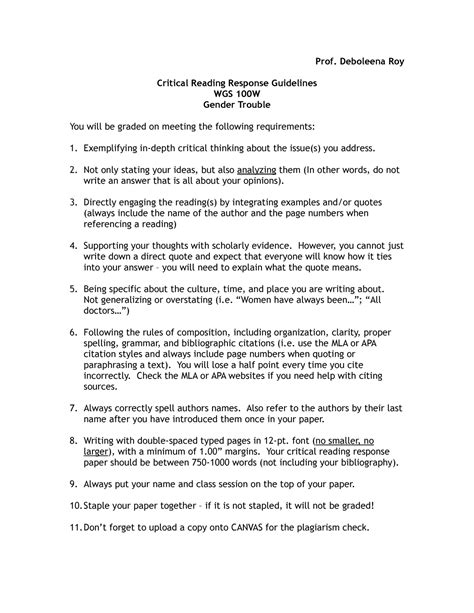 Critical Reading Response Guidelines Wgs 100w Prof Deboleena Roy Critical Reading Response