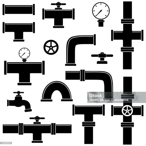 수도꼭지와 수도 계량기가 있는 파이프라인 세트입니다 블랙 스텐실 아이콘입니다 선형 그림 흰색 배경입니다 급수 시스템의 그림 가솔린에 대한 스톡 벡터 아트 및 기타 이미지