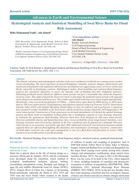 Pdf Hydrological Analysis And Statistical Modelling Of Swat River Basin For Flood Risk Assessment