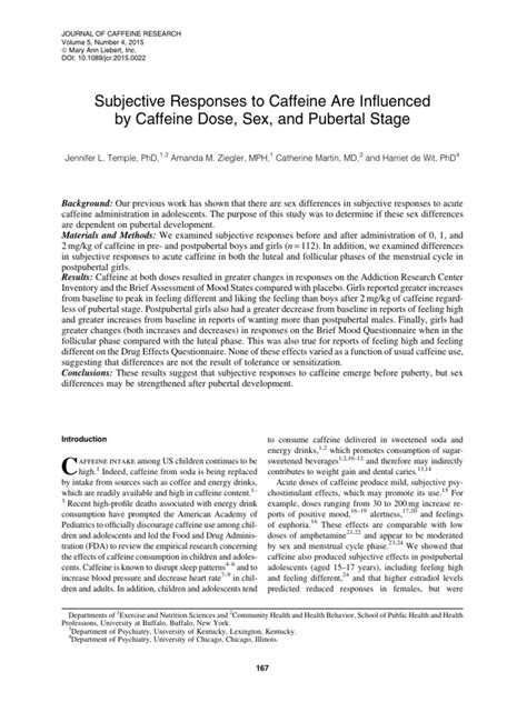 Temple Et Al 2015 Subjective Responses To Caffeine Are Influenced By Caffeine Dose Sex