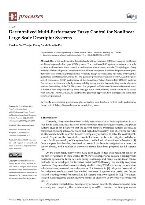 PDF Decentralized Multi Performance Fuzzy Control For Nonlinear Large Scale Descriptor Systems