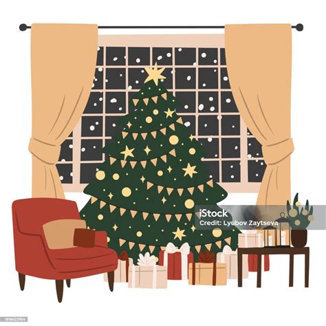 메리 크리스마스 벡터 일러스트 레이 션 크리스마스 트리를 장식하는 가족 선물을주는 캐릭터 선물 축제 인테리어 플랫 스타일 이미지 클립 아트 벽난로 클립 아트를 여는 장면 0