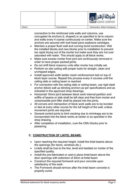 03 Method Statement For Block Masonry Pdf