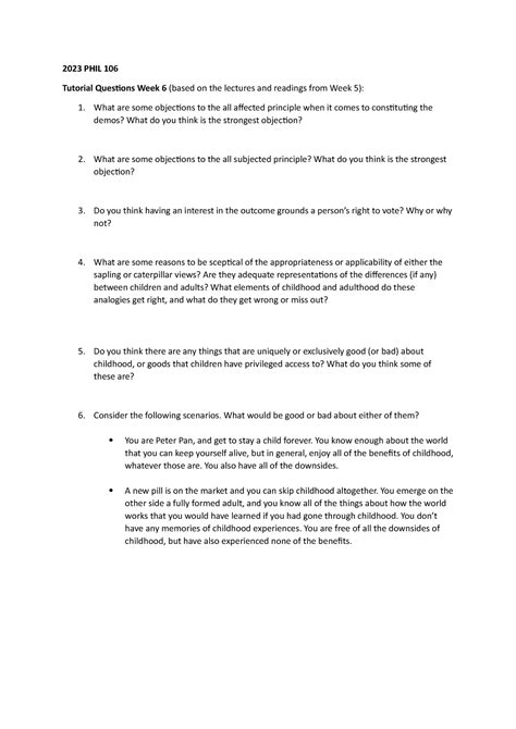 Tutorial Questions Week 6 2023 Phil 106 Tutorial Questions Week 6