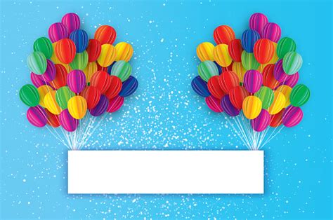 다채로운 비행 종이 절단 풍선 생일 축 하 인사말 카드입니다 종이 접기 사각형 프레임텍스트 공간 다발에 대한 스톡 벡터 아트 및