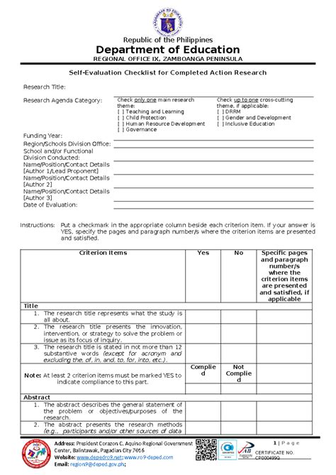 Self Evaluation Checklist After Validation Certificate No Cp000499q