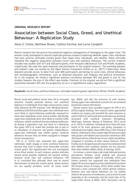Pdf Association Between Social Class Greed And Unethical Behaviour