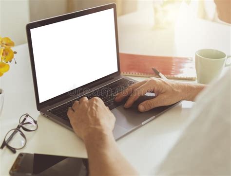 Close Up Of Adult Man Hands Typing On Laptop Man Using Notebook At