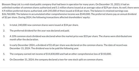 Solved Number Of Numl 1 Issued Common Shares 2 Preferred