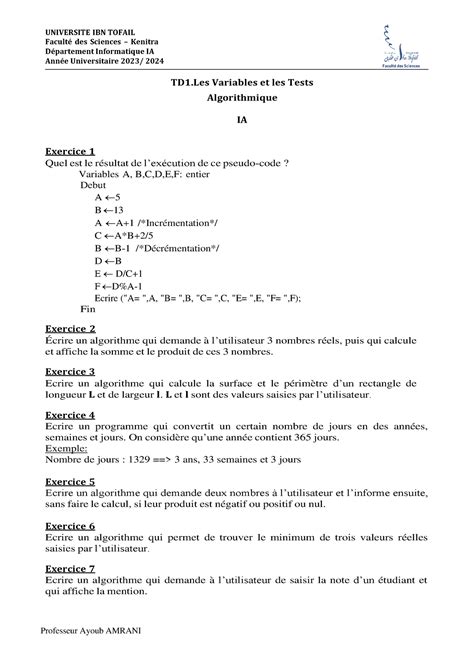 Td1 Algo 23 24 Rap Universite Ibn Tofail Faculté Des Sciences