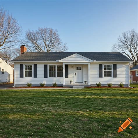 A White Ranch Style House With Black Shutters And A Gray Foundation
