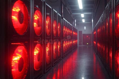 a row of servers in a server room with red lights stock illustration