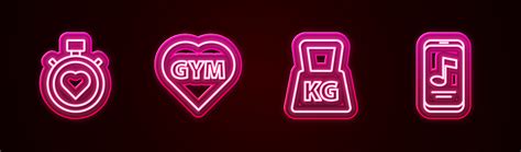 중앙 스톱워치의 하트 피트니스 체육관 하트 체중 및 음악 플레이어를 설정합니다 빛나는 네온 아이콘입니다 벡터 건강한 생활방식에 대한 스톡 벡터 아트 및 기타 이미지 Istock