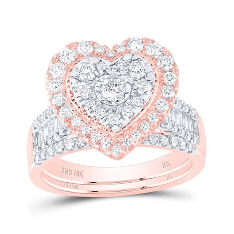 10k Rose Gold Round Diamond Heart Bridal Wedding Ring Band Set 1 14