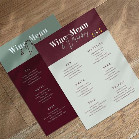 Modèles De Menus De Vins Personnalisés Pour Bars Et Restaurants Liste
