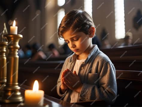 Un Niño Lindo Orando En La Iglesia Y Jesús Dando La Bendición Foto