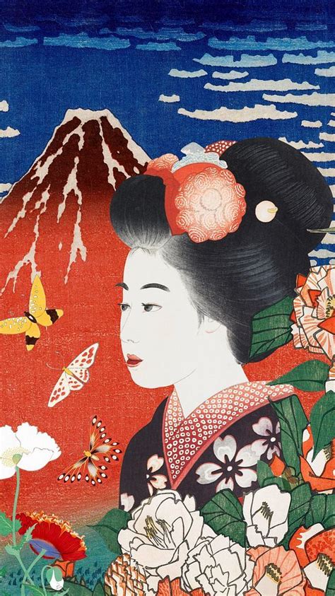 Japanese Geisha Woman Iphone Wallpaper Vintage Illustration Remixed