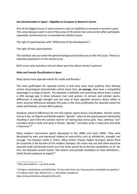 Intro Handout Dsd Sex Discrimination In Sport Eligibility To