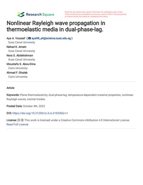 Pdf Nonlinear Rayleigh Wave Propagation In Thermoelastic Media In Dual Phase Lag