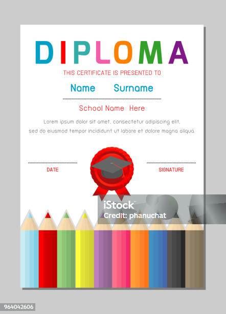 인증서 유치원 및 초등 학생 유치원 아이 들 졸업장 인증서 패턴 디자인 서식 파일 졸업장 유치원 학생 아이 들 졸업장 증명서 서식 파일 벡터 일러스트 레이 션 감탄에 대한