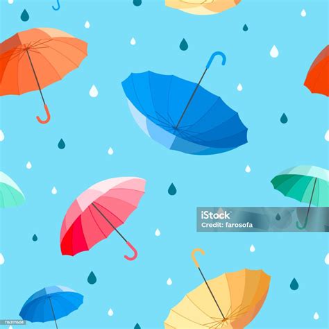 우산 원활한 패턴 벡터 일러스트 파란색 배경에 빗방울과 화려한 우산 0명에 대한 스톡 벡터 아트 및 기타 이미지 0명 계절 귀여운 Istock