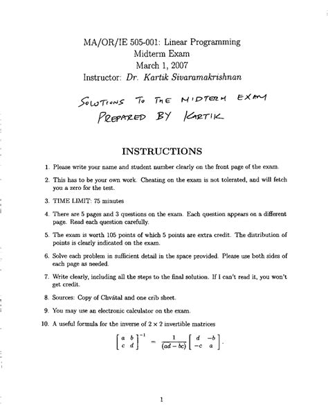 Solutions For Midterm Exam Linear Programming Ma 505 Docsity