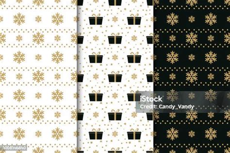 겨울의 컬렉션 휴일 눈송이 리본 선물 상자와 별 완벽 한 패턴 골든 흑백 배경입니다 12월에 대한 스톡 벡터 아트 및 기타 이미지 Istock