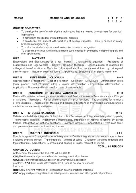 Ma3151 Matrices And Calculusl Tpc Ma3151 Matrices And Calculus L T P