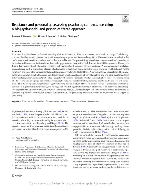Reactance And Personality Assessing Psychological Reactance Using A