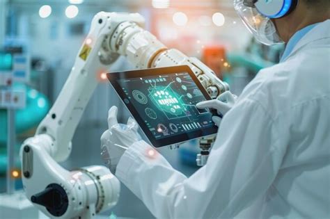 Premium Photo An Engineer Uses A Digital Tablet To Control A Robotic Arm In A Hightech