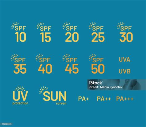 파란색 배경에 간단한 평면 Spf 자외선 차단 아이콘 세트 자외선 차단제 제품 또는 기타 피부 화장품용 아이콘 벡터 일러스트레이션 햇볕 차단 로션에 대한 스톡 벡터 아트 및