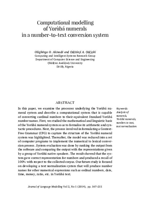 Pdf Computational Modelling Of Yorùbá Numerals In A Number To Text Conversion System