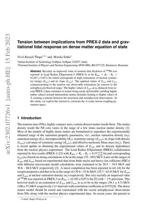 Pdf Tension Between Implications From Prex 2 Data And Gravitational Tidal Response On Dense