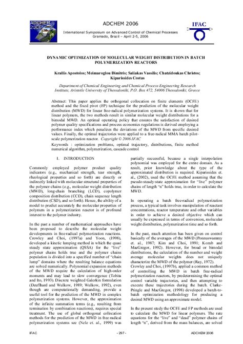 Pdf Dynamic Optimization Of Molecular Weight Distribution In Batch Polymerization Reactors