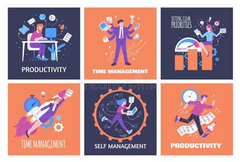 Productivity And Time Management Concept Posters Set Stock Vector