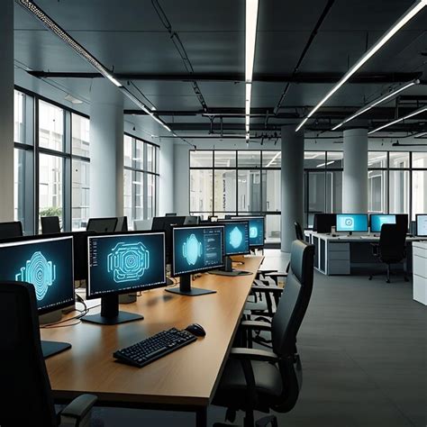 Modern Office Space With Desktop Computers Using Cuttingedge Technology Premium Ai Generated Image
