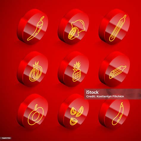 세트 라인 핫 칠리 페퍼 포드 레몬 신선한 오이 토마토 파인애플 복숭아 과일 및 아이콘 벡터 3차원 형태에 대한 스톡 벡터 아트 및 기타 이미지 Istock