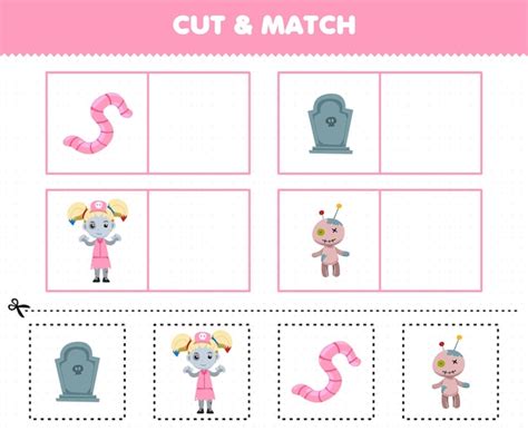 어린이를위한 교육 게임 귀여운 만화 웜 묘비 부두 인형 좀비 소녀 의상 할로윈 인쇄용 워크 시트의 동일한 그림을 자르고 일치시킵니다 프리미엄 벡터